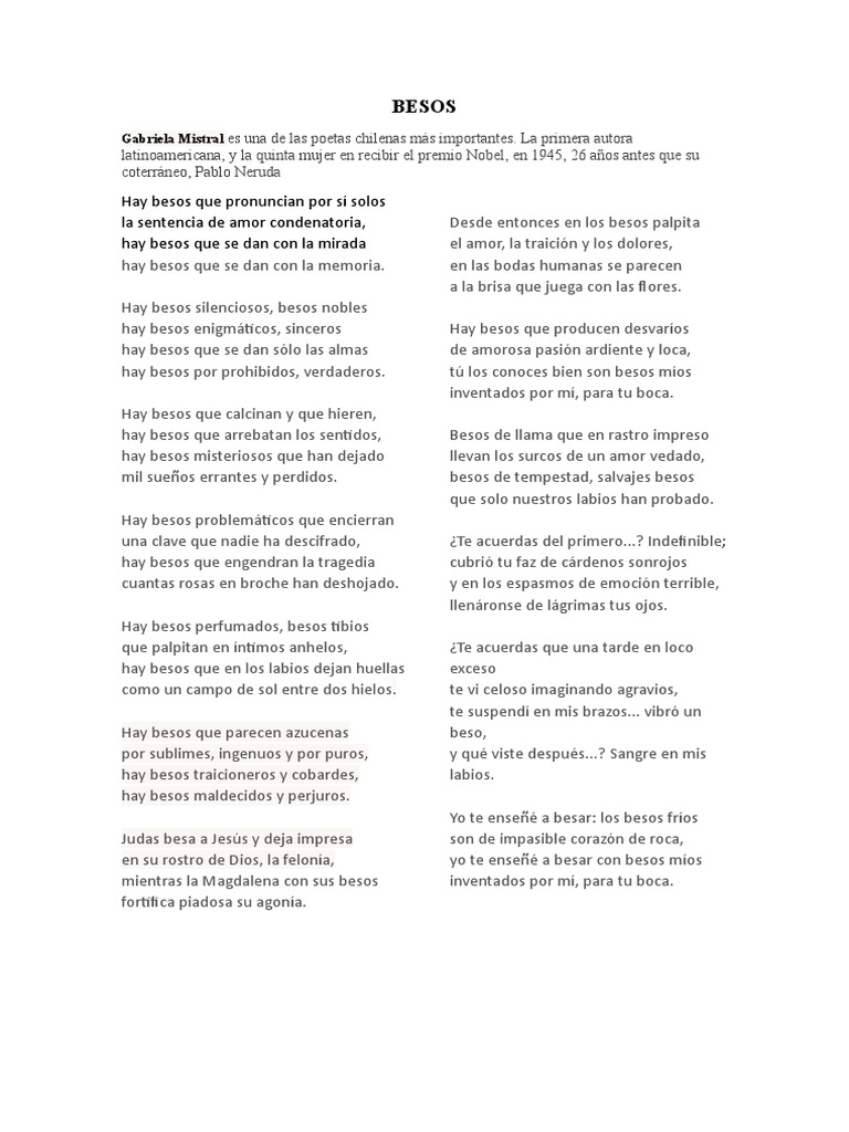 Poema "Besos" de Gabriela Mistral | PDF
