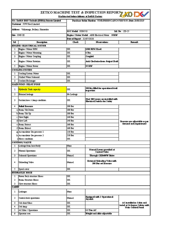 Machine Test & Inspeciton Report | PDF | Valve | Pump