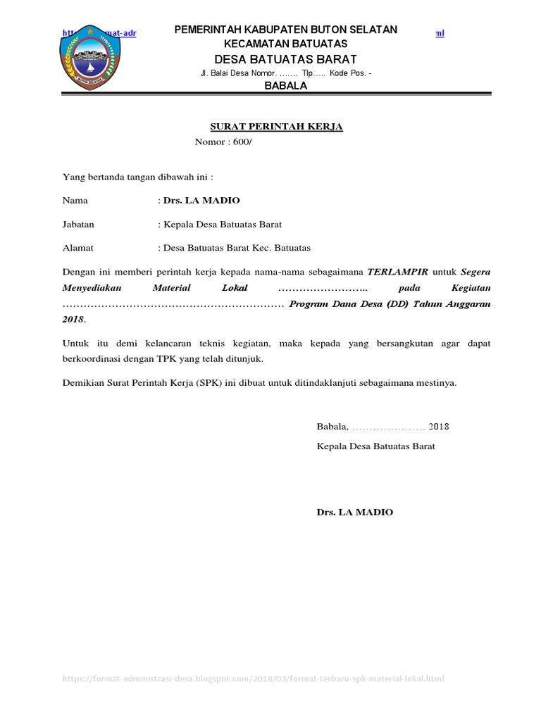 Format Baru SPK Penyediaan Material Lokal Dana Desa | PDF