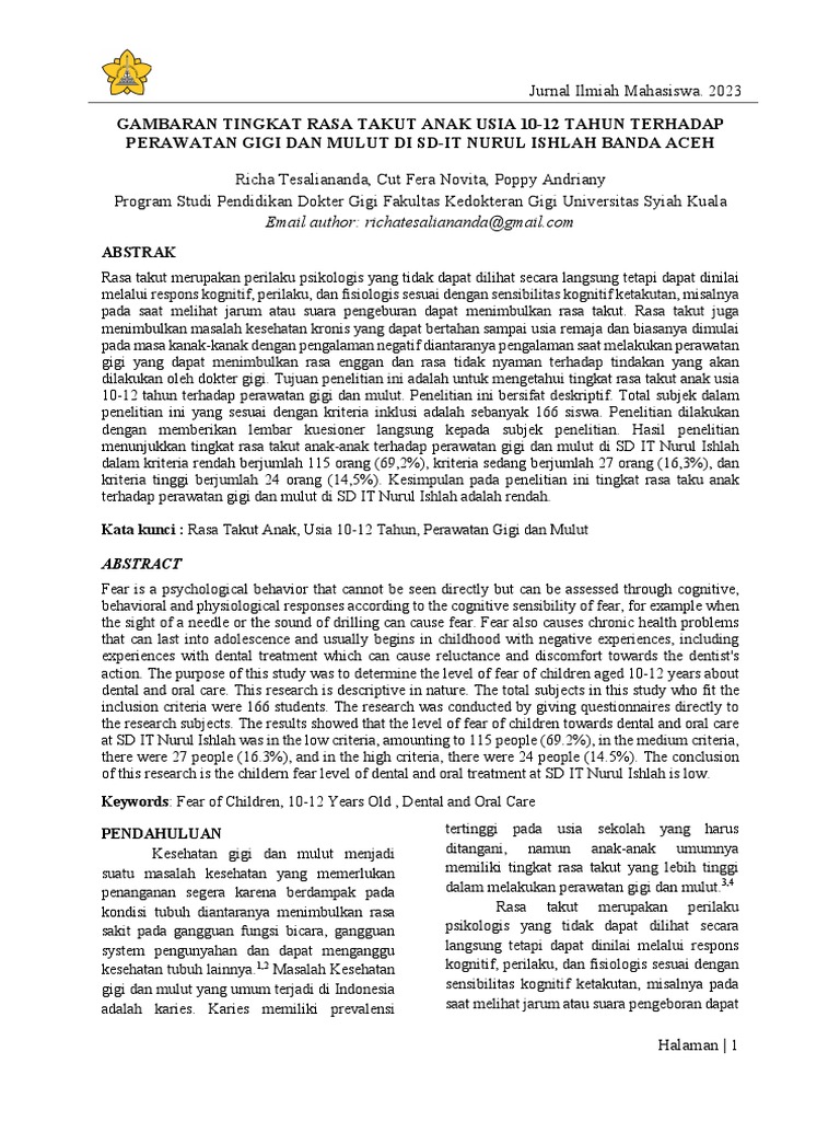 Gambaran Tingkat Rasa Takut Anak Usia 10-12 Tahun Terhadap Perawatan ...