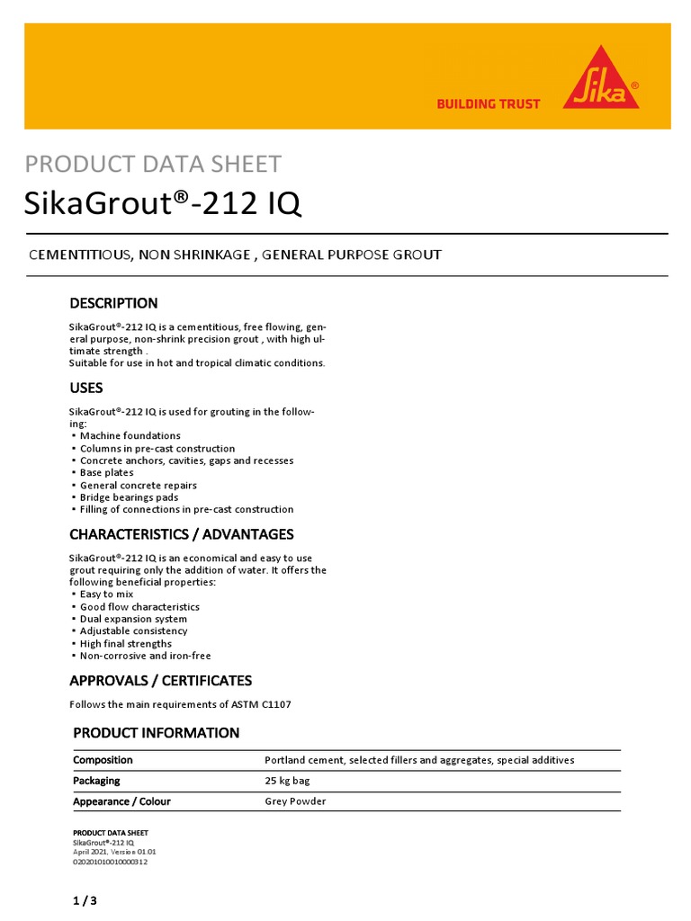 Sikagrout 212 Iq | PDF | Concrete | Cement