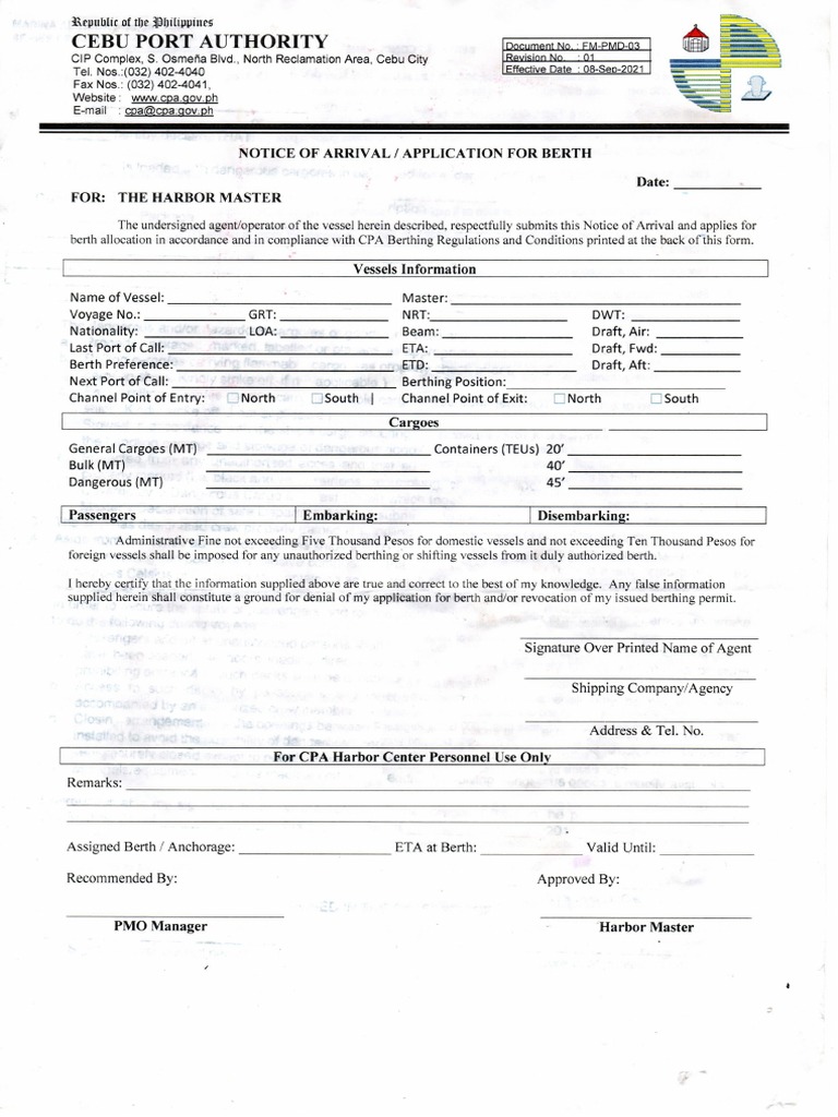 Notice of Arrival Application For Berth New | PDF
