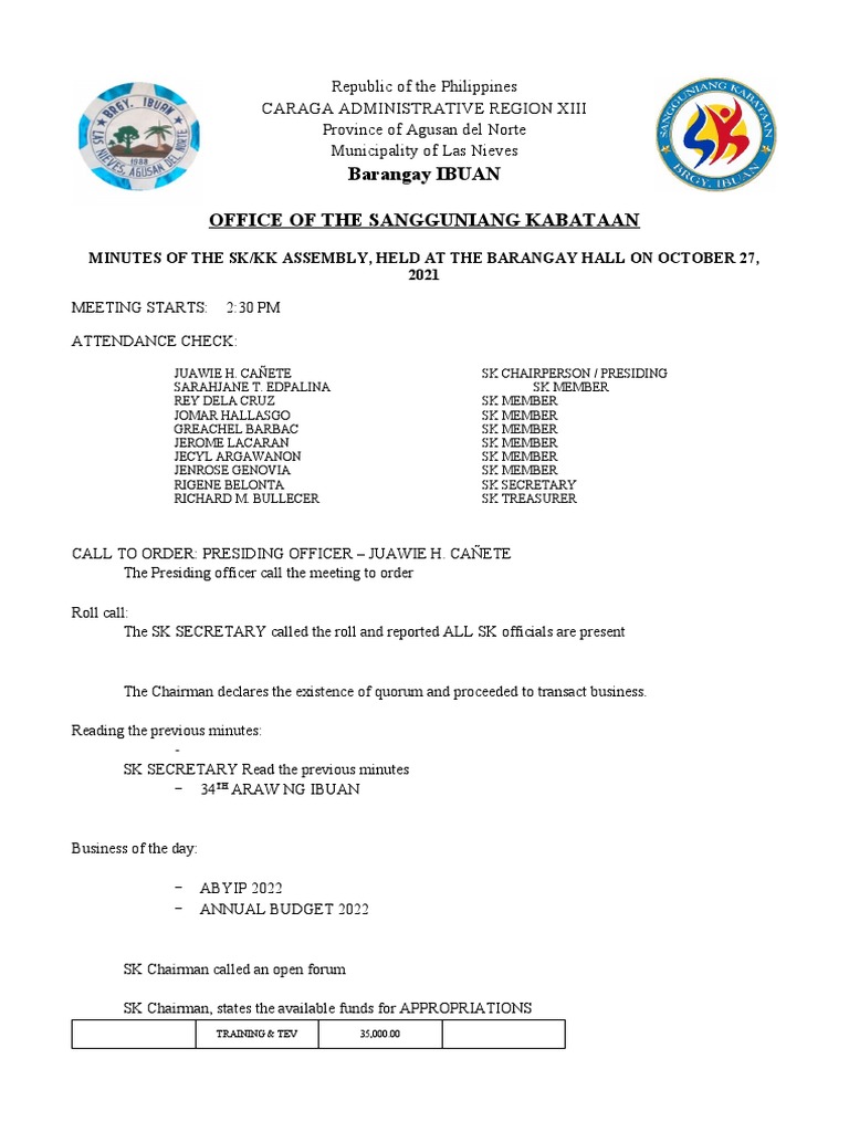 SK KK Assembly Minutes Ibuan | PDF | Government | Philippines