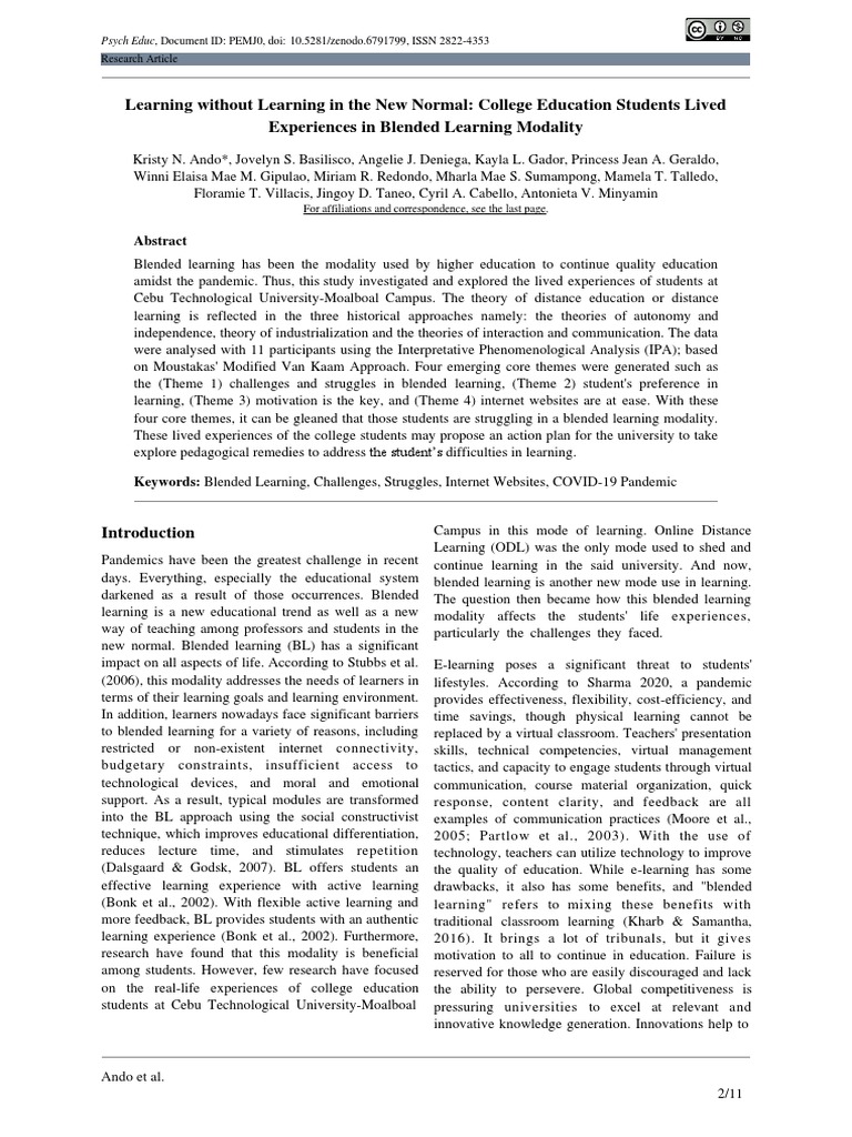 Learning Without Learning in The New Normal: College Education Students ...