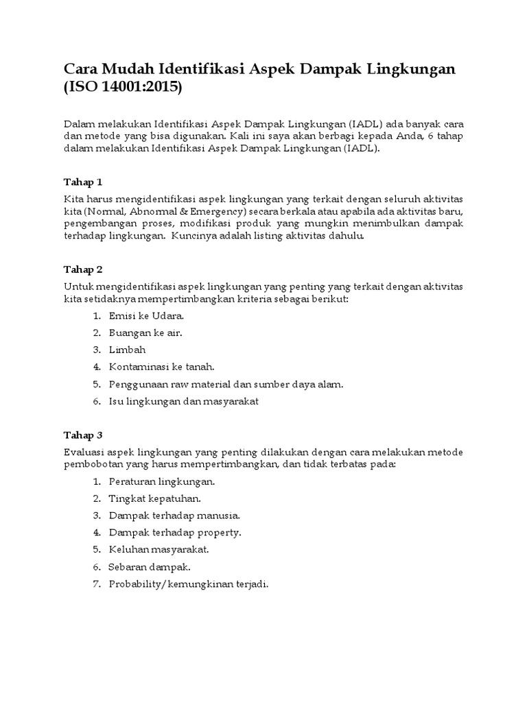 Suplemen 3-Identifikasi Aspek Dampak Lingkungan PDF | PDF Suplemen 3-Identifikasi Aspek Dampak Lingkungan PDF | PDF
