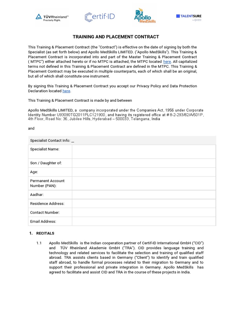 Training & Placement Contract - Nurses - Apollo - 31st Jan 2023 | Download Free PDF | Employment ...