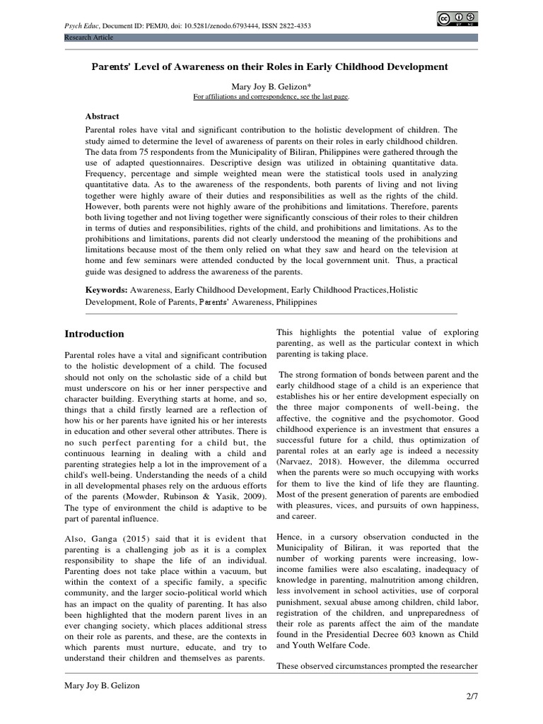Parents' Level of Awareness On Their Roles in Early Childhood Development | PDF