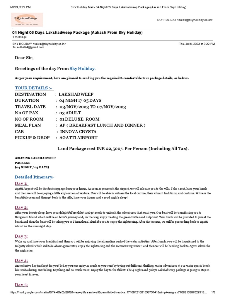 04 Night 05 Days Lakshadweep Package (Aakash From Sky Holiday) | PDF | Service Industries