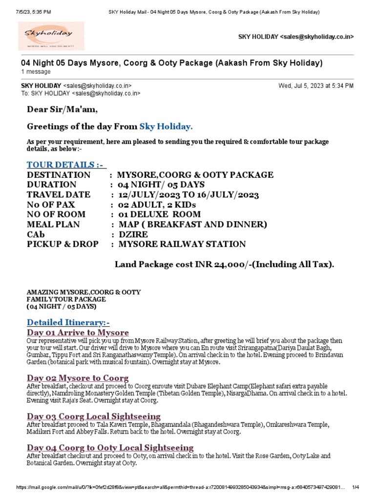 04 Night 05 Days Mysore, Coorg & Ooty Package (Aakash From Sky Holiday) | PDF | Service ...