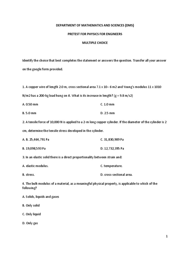 Physics Pretest for Engineers: MCQs | PDF | Collision | Force