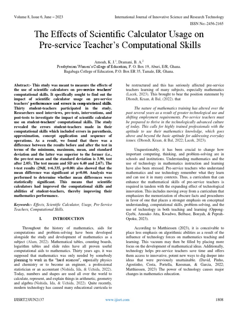 The Effects Of Scientific Calculator Usage On Pre Service Teachers Computational Skills 0526