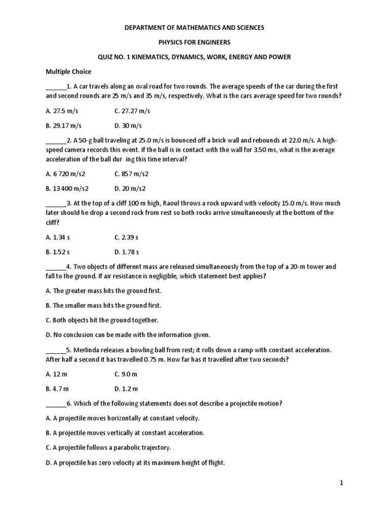 Physics Quiz: Kinematics & Dynamics | PDF | Force | Physical Sciences