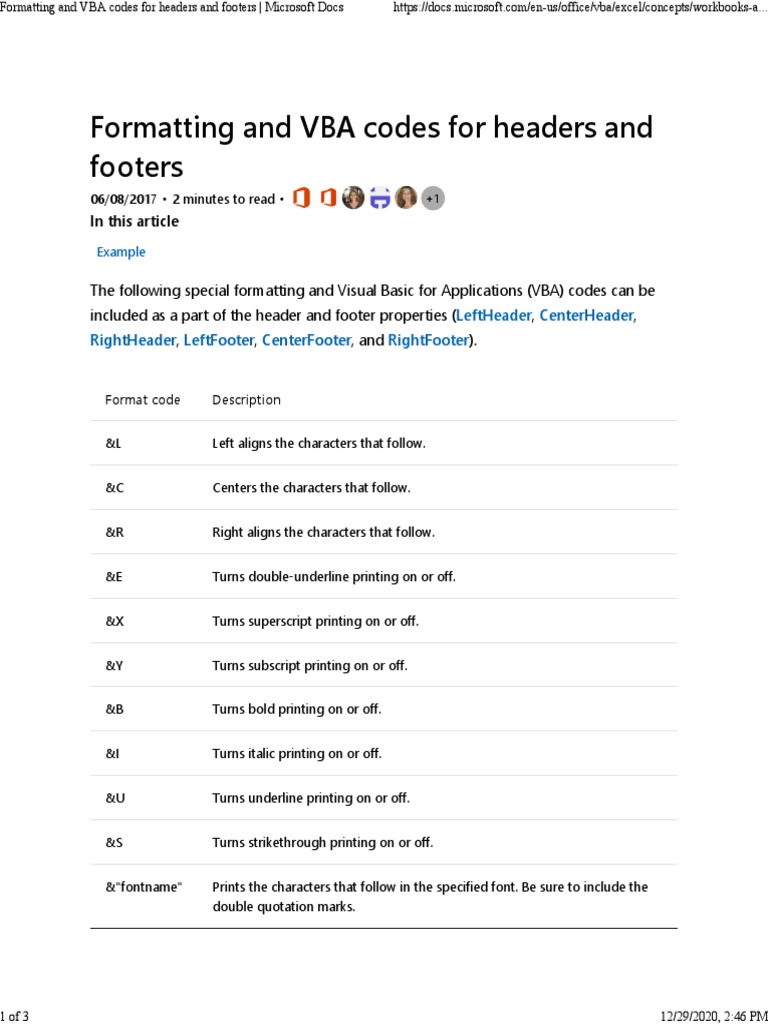 Formatting and VBA Codes For Headers and Footers - Microsoft Docs | PDF | Visual Basic For ...