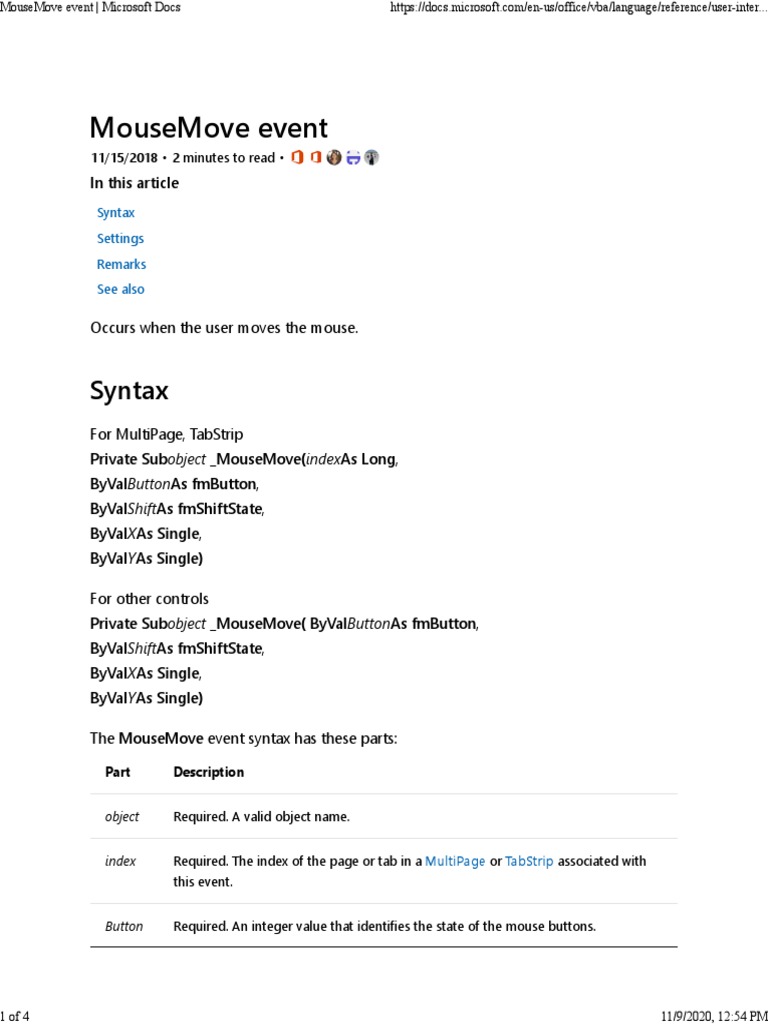 Mousemove Event Microsoft Docs Download Free Pdf Control Key Button Computing