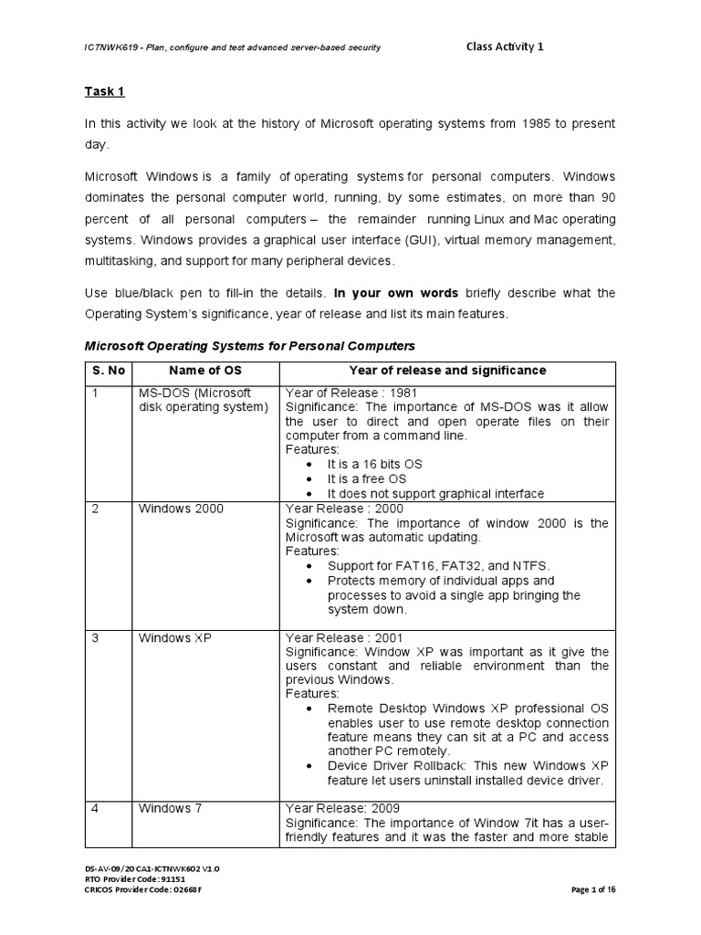 ICTNWK619 Class Activity 1 | PDF | Operating System | Microsoft Windows