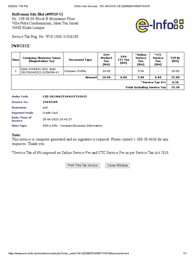 SSM e-Info Services - TAX INVOICE CID-20230625194337741915 | PDF