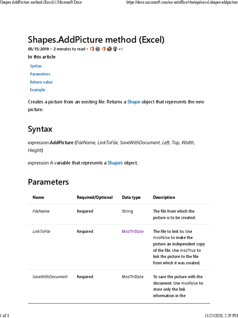 Shapes - AddPicture Method | PDF | Microsoft Excel | Parameter (Computer Programming)