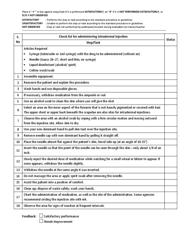 Checklist For Intradermal Injection | PDF | Injection (Medicine) | Syringe