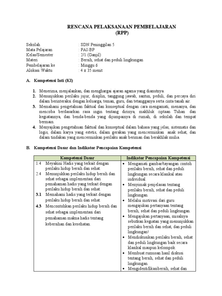 RPP PAI Bersih, Sehat Dan Peduli Lingkungan Kelas - 2-SD | PDF