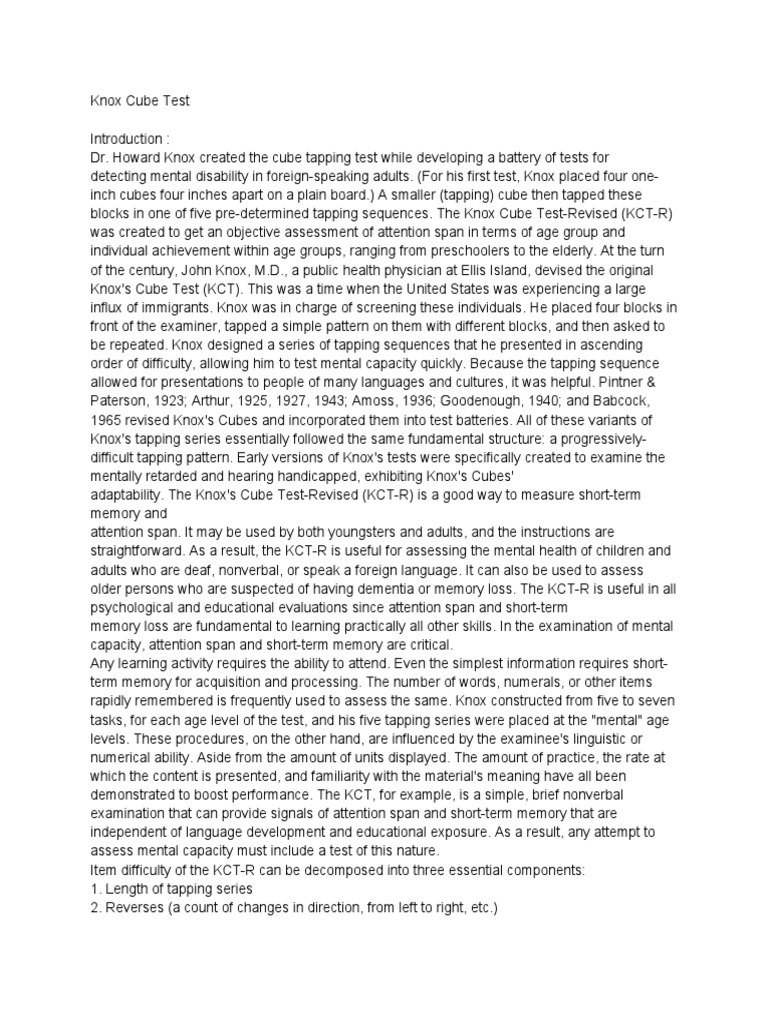 Knox Cube Test | PDF | Memory | Attention