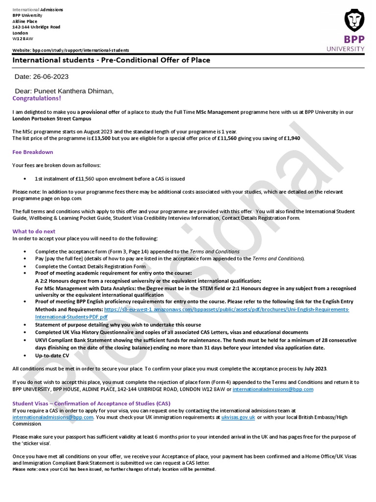 Puneet Kanthera Dhiman Pre-Conditional Offer Letter | PDF | Travel Visa