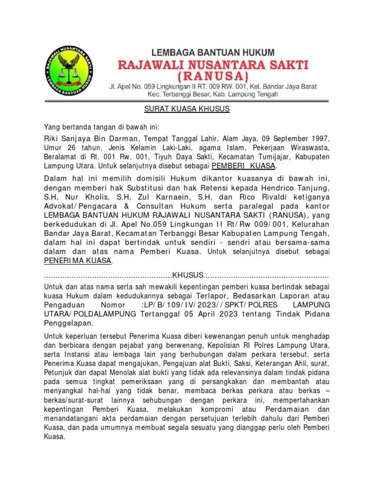 Kop LBH Ranusa Bandarjaya Serta Surat Kuasa Khusus | PDF