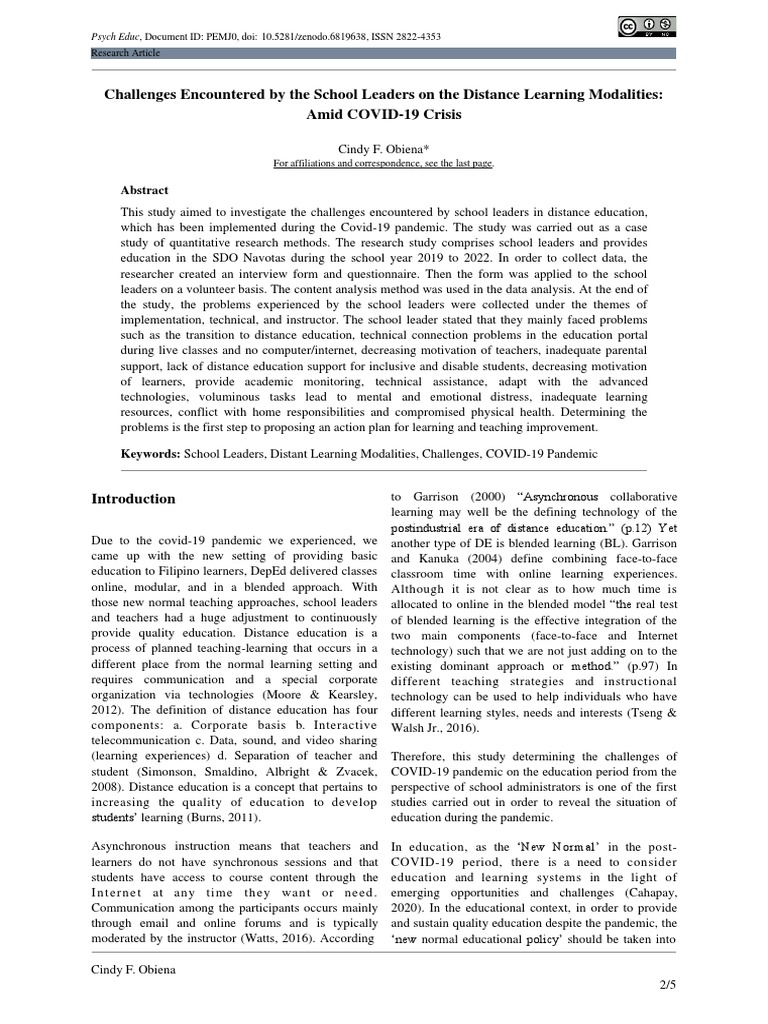 School Leaders' Challenges in Distance Learning | PDF