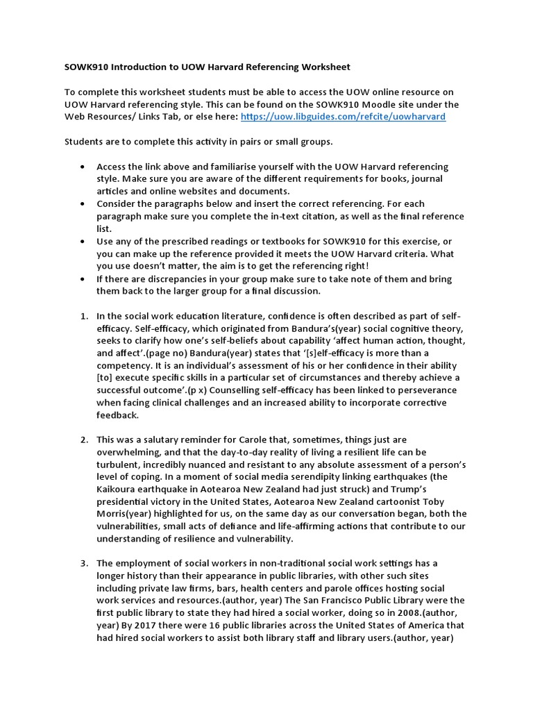 Introduction To UOW Harvard Referencing Worksheet | PDF