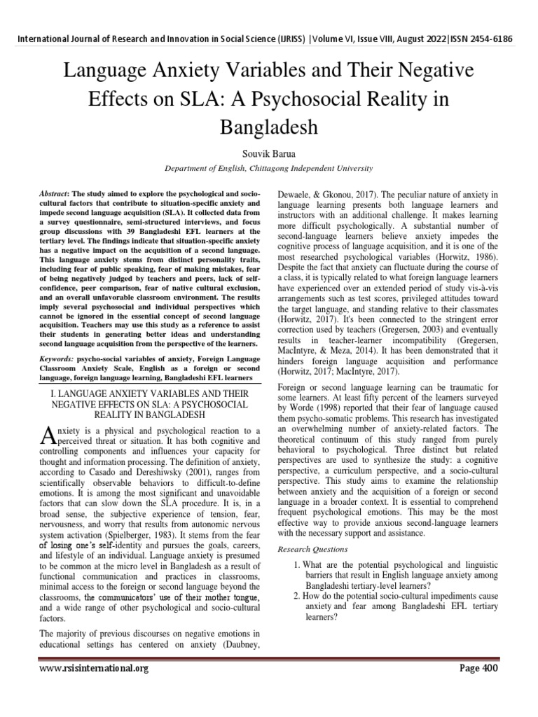 Language Anxiety in Bangladeshi EFL Learners | PDF | Second Language ...