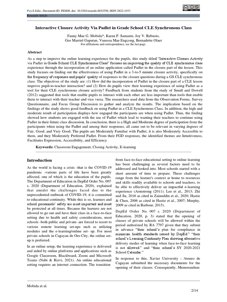 Interactive Closure Activity Via Padlet in Grade School CLE Synchronous Class | PDF