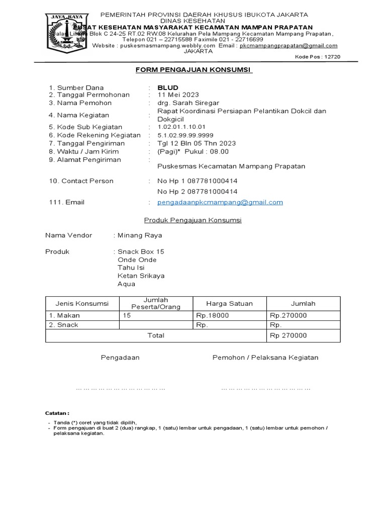Form Pengajuan Konsumsi Rapat Mampang | PDF