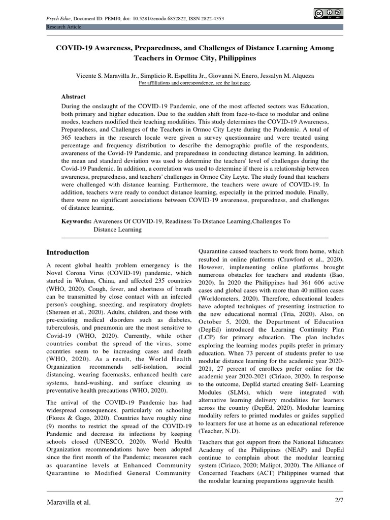 COVID-19 Awareness, Preparedness, And Challenges of Distance Learning ...