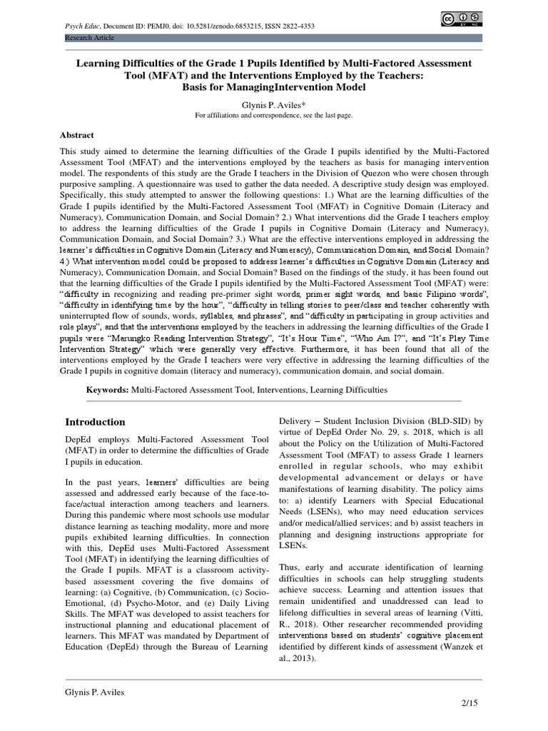 Learning Difficulties of the Grade 1 Pupils Identified by Multi ...