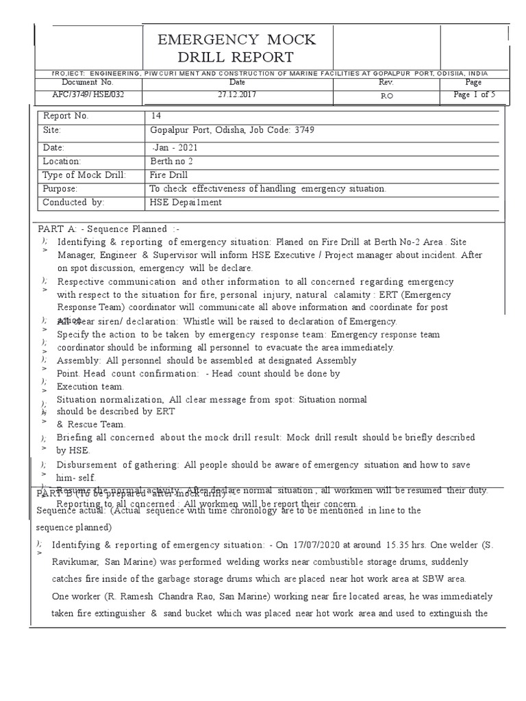Fire Mock Drill Report at Gopalpur Port | PDF