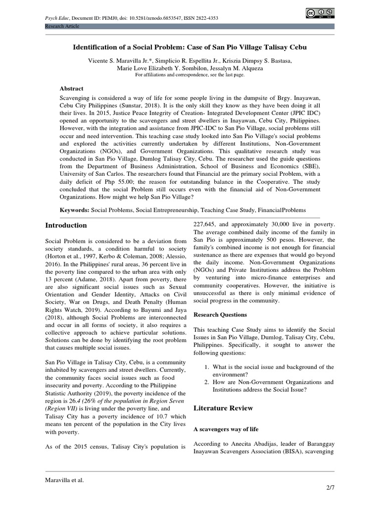 Identification of A Social Problem: Case of San Pio Village Talisay Cebu | PDF