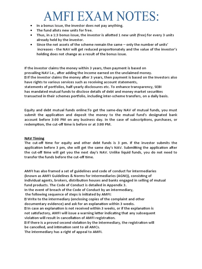 Amfi Exam Notes | PDF | Mutual Funds | Money