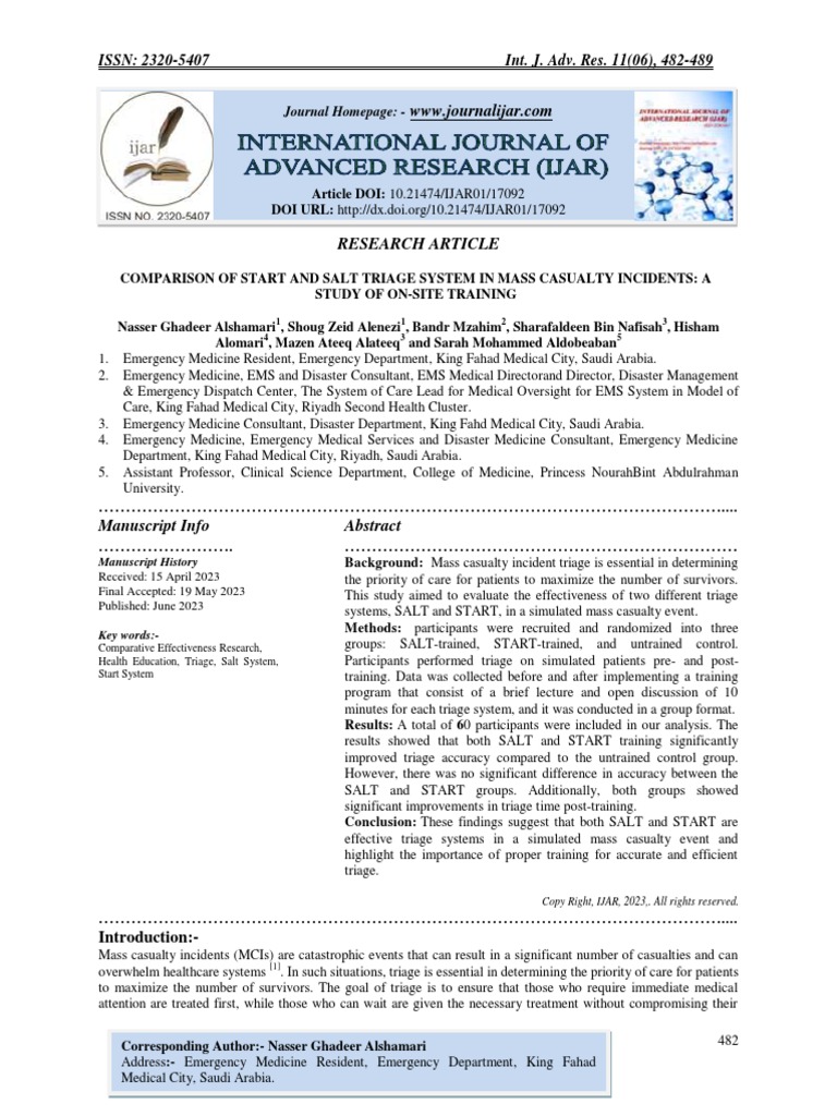 Comparison of Start and Salt Triage System in Mass Casualty Incidents ...