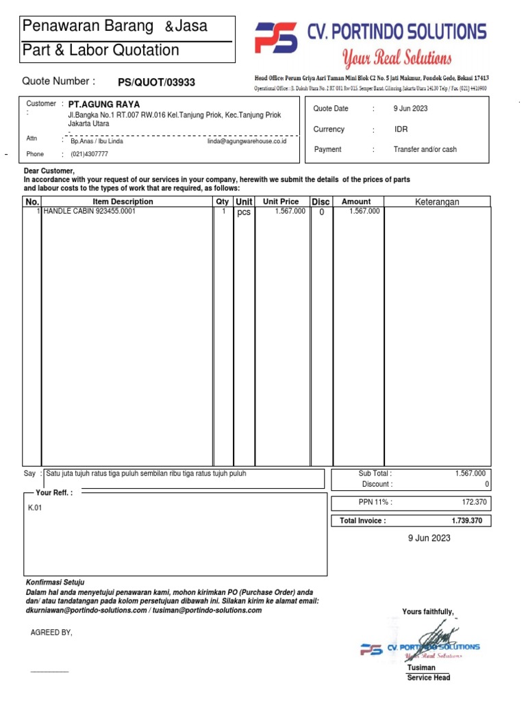 Penawaran Barang Jasa Part & Labor Quotation: PS/QUOT/03933 | PDF ...