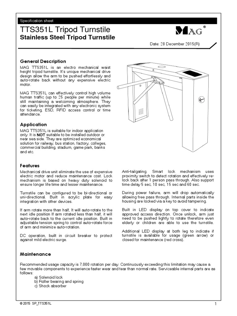 MAG Economical Tripod Turnstile TTS351L Specification | PDF