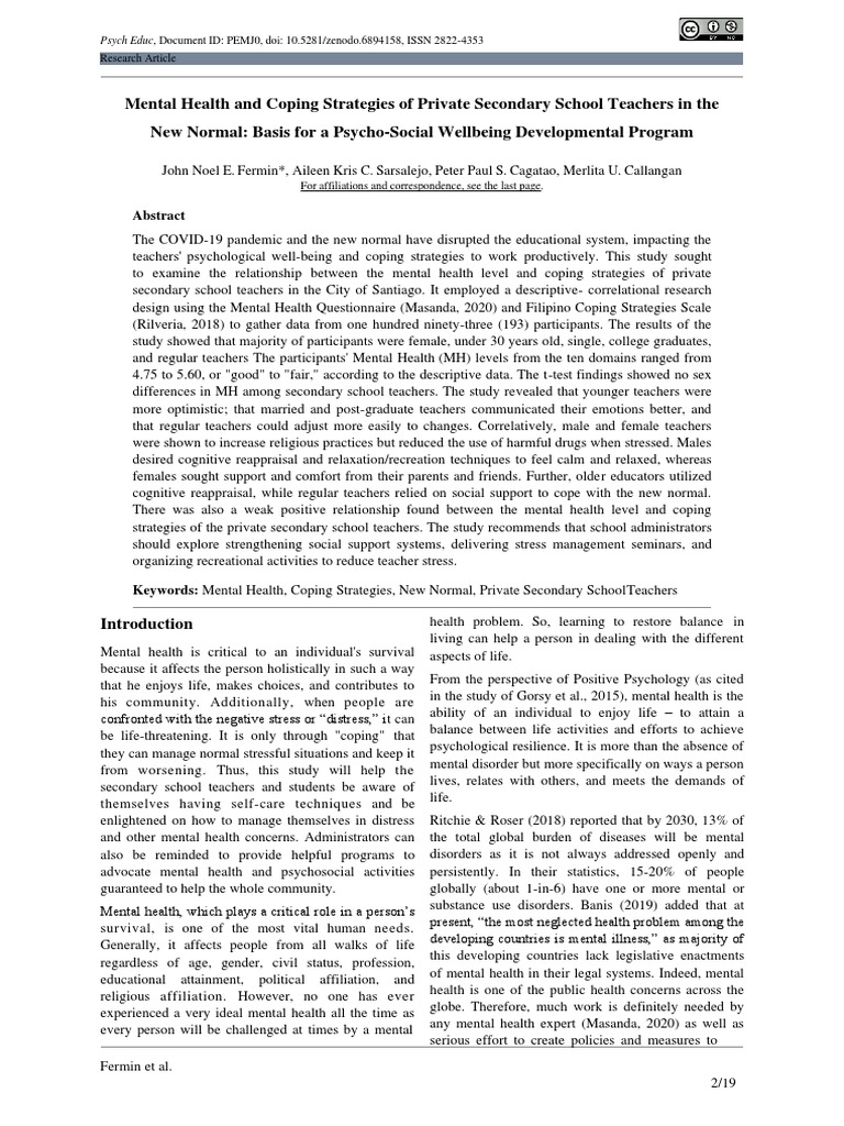 Mental Health and Coping Strategies of Private Secondary School Teachers in the New Normal ...