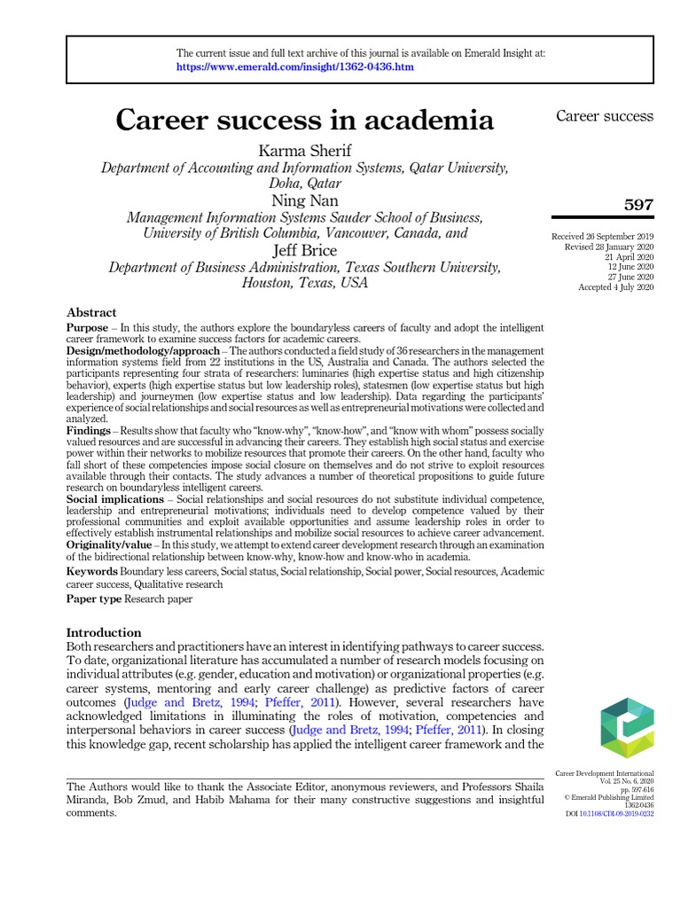2020 Sherif Et Al Career Success in Academia | PDF | Entrepreneurship ...