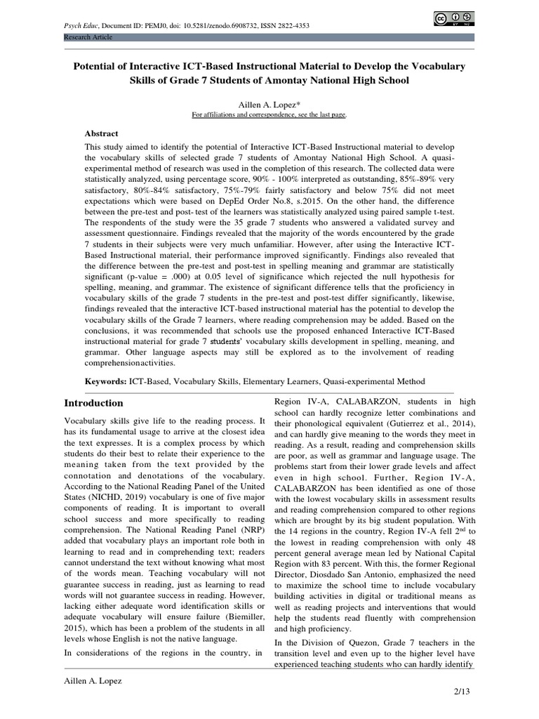 Potential of Interactive ICT-Based Instructional Material To Develop The Vocabulary Skills of ...