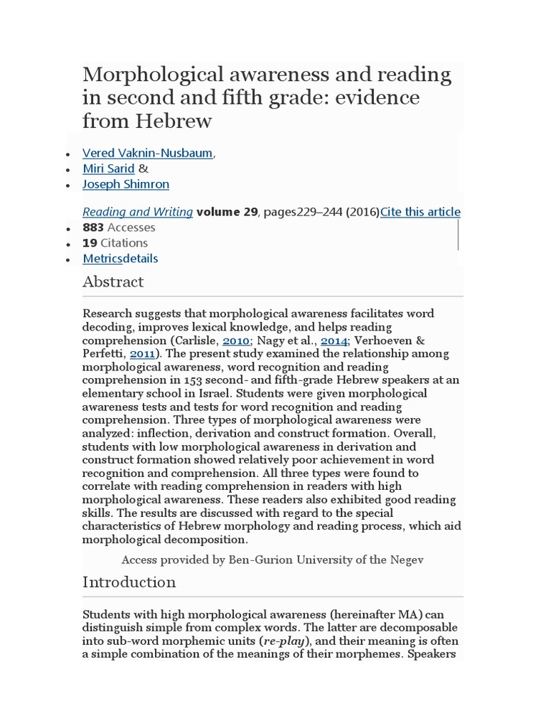 Morphological Awareness and Reading in Second and Fifth Grade | PDF