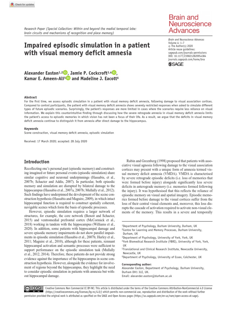 Easton Et Al 2020 Impaired Episodic Simulation in a Patient With Visual Memory Deficit Amnesia ...