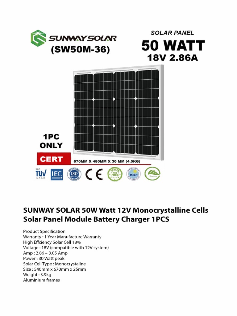 SUNWAY SOLAR 50W Watt 12V Monocrystalline Cells Solar Panel Module ...