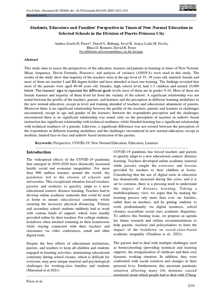 Students, Educators and Families' Perspective in Times of New Normal ...