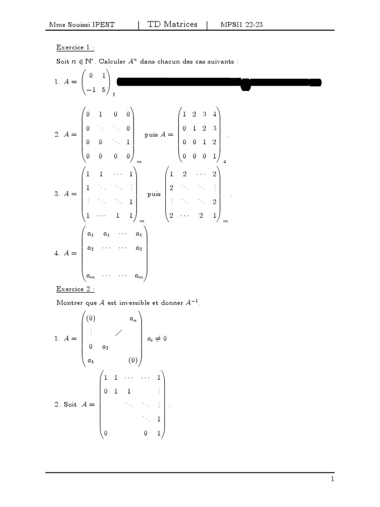 Exercices de Matrices pour MPSI1 22-23 | PDF