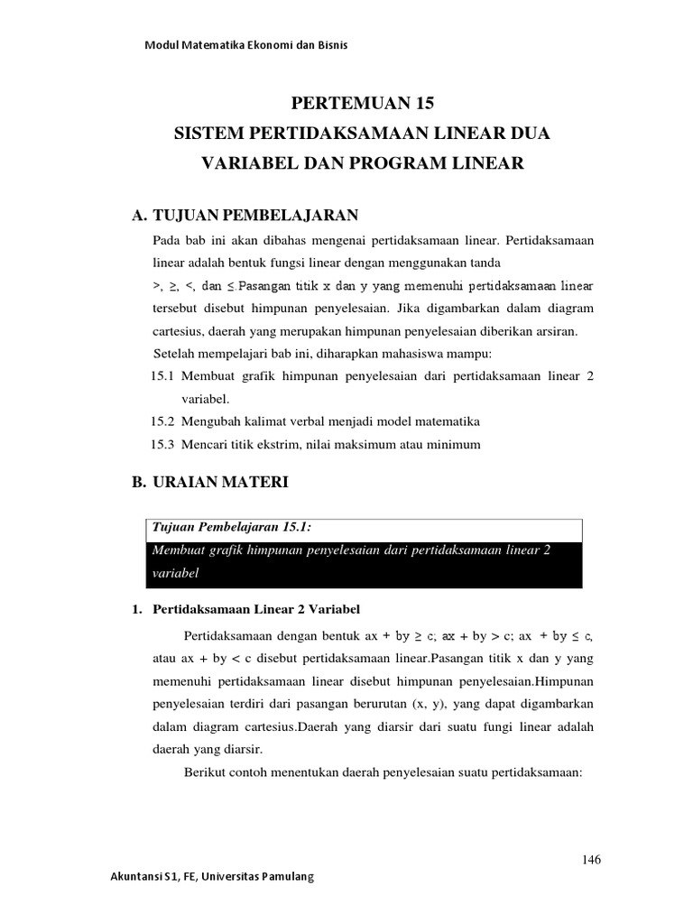 Pertemuan 15. Sistem Pertidaksamaan Linear Dua Variabel Dan Program Linear | PDF