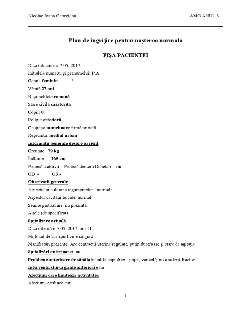 Plan de Ingrijire Gravida, Nastere Normala PDF | PDF