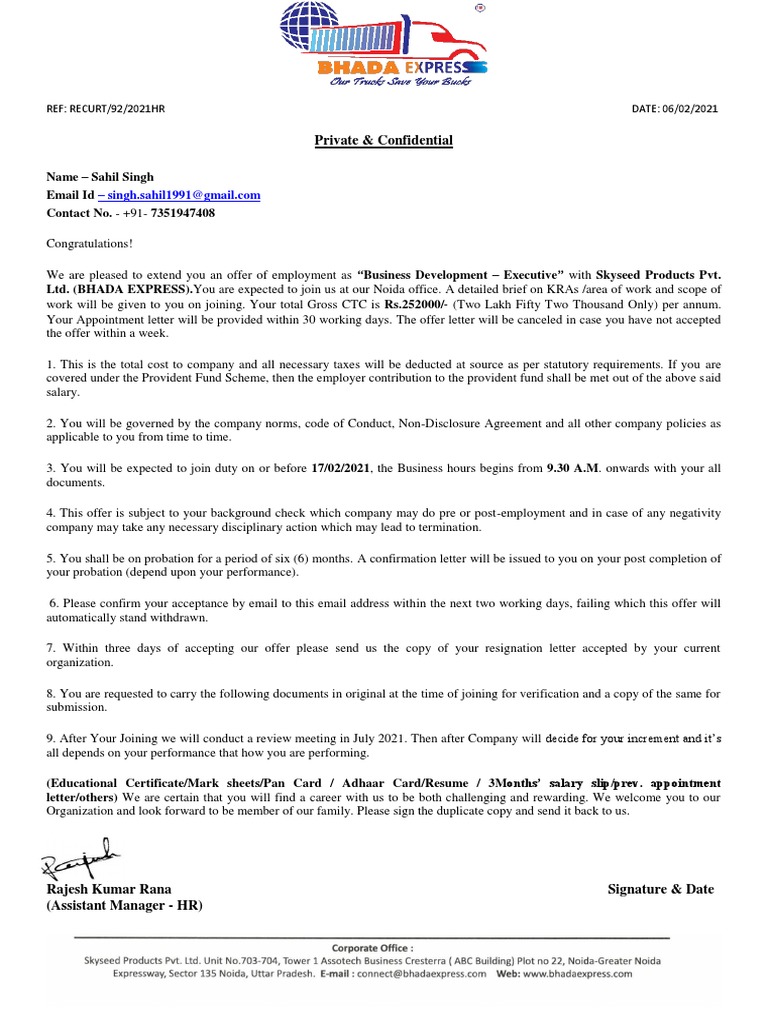 Offer Letter - Sahil - BDE | PDF